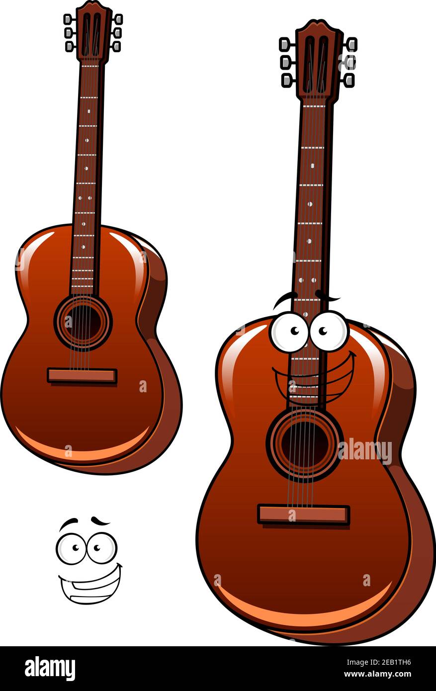 Cheerful six string classical acoustic guitar cartoon character with ...