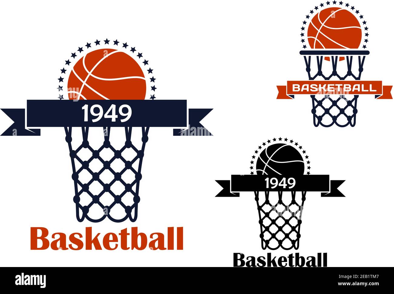 Basketball sport game emblem or symbol with basket, ball, ribbon and ...