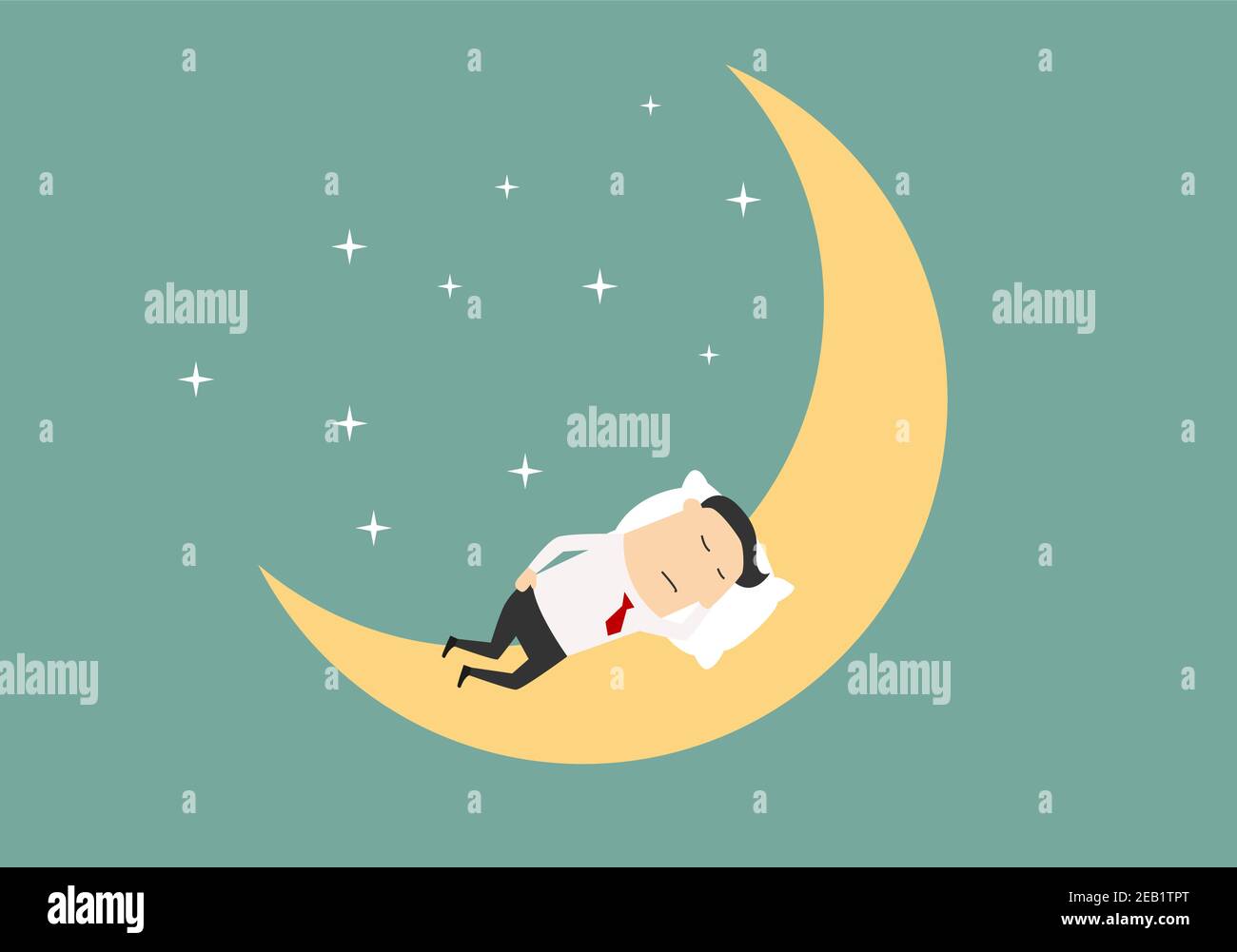 Cartoon tired businessman sleeping on the moon surrounded by shining ...