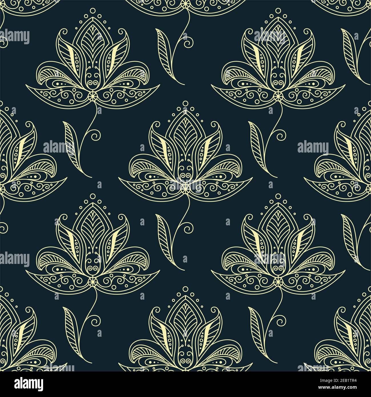 Dainty yellow flowers in persian style seamless pattern with swirls ...
