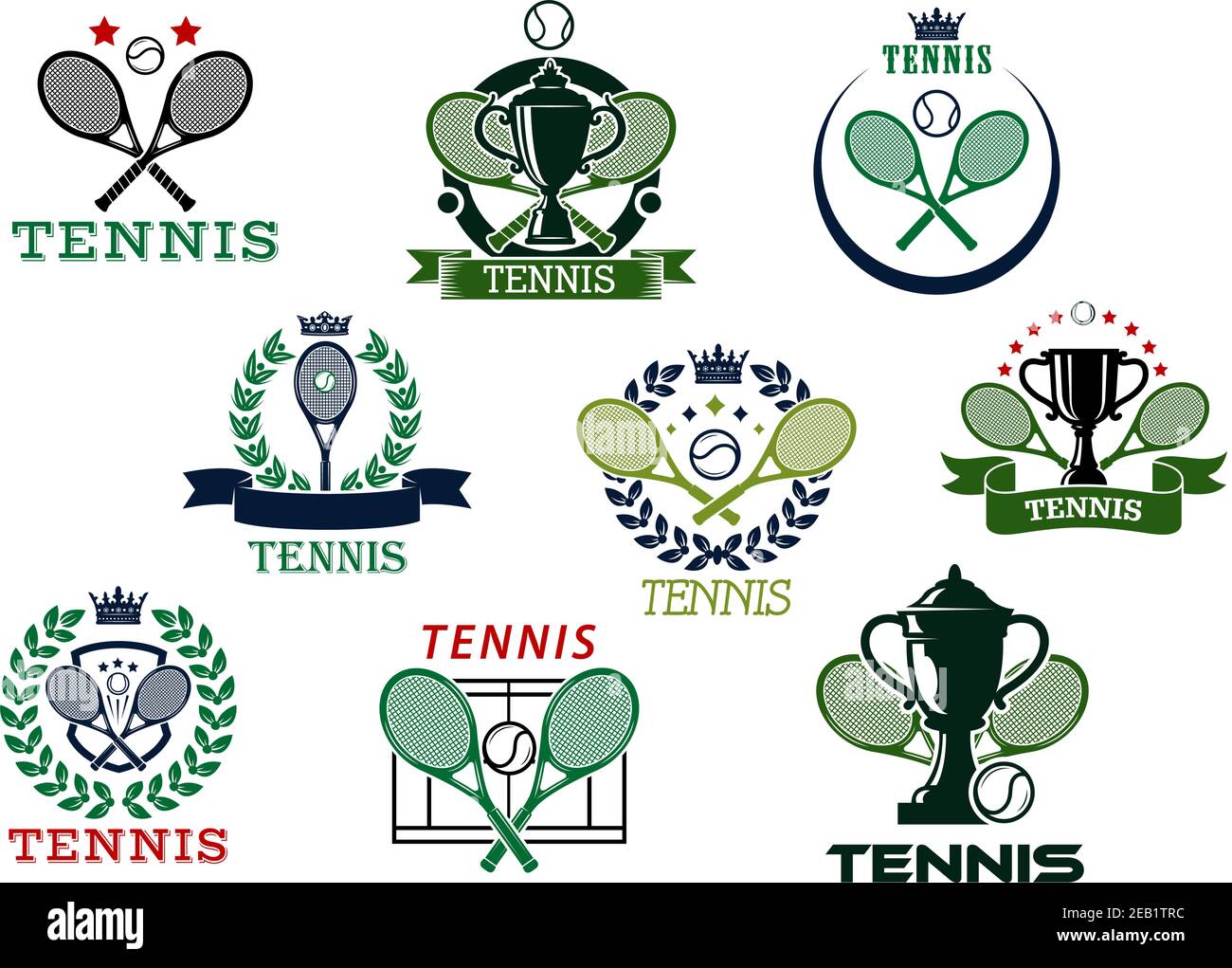 Tennis competition emblems or icons depicting tennis balls, crossed ...
