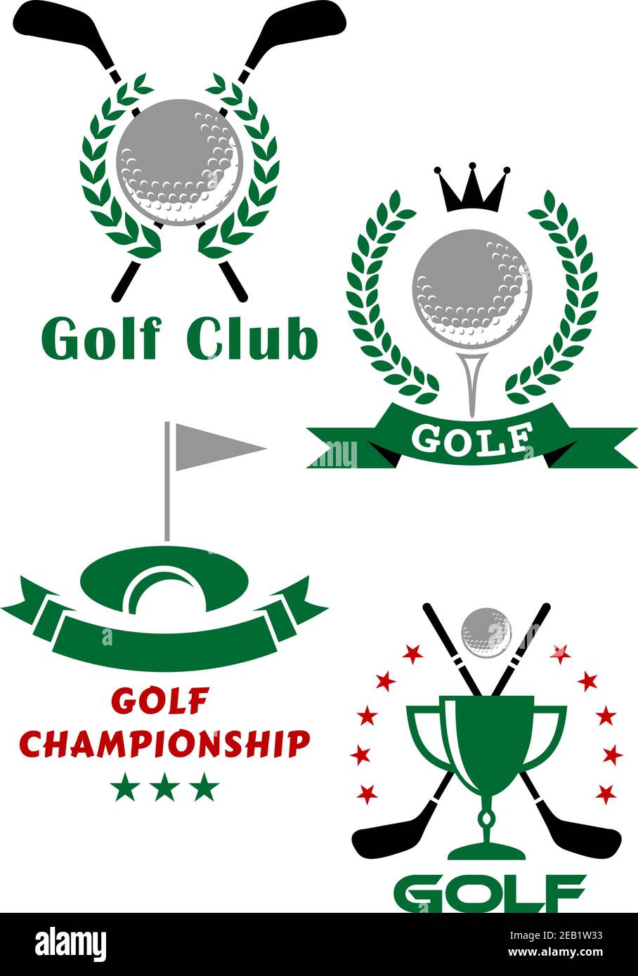 Golf championship emblems or badges showing balls, putters, tee, trophy ...