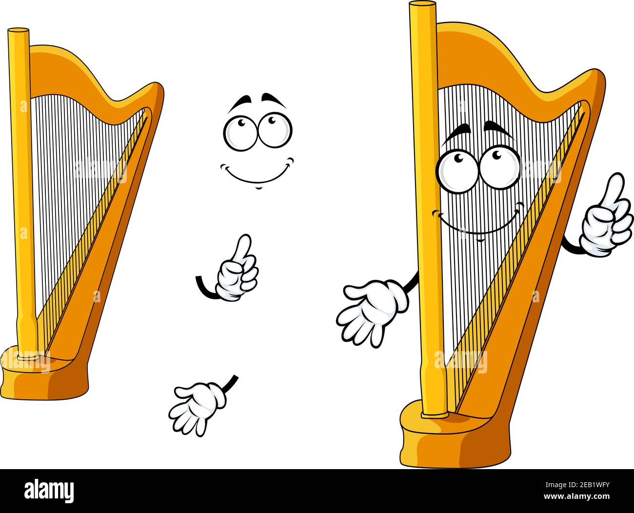Cartoon yellow harp character showing polished wooden classic musical ...