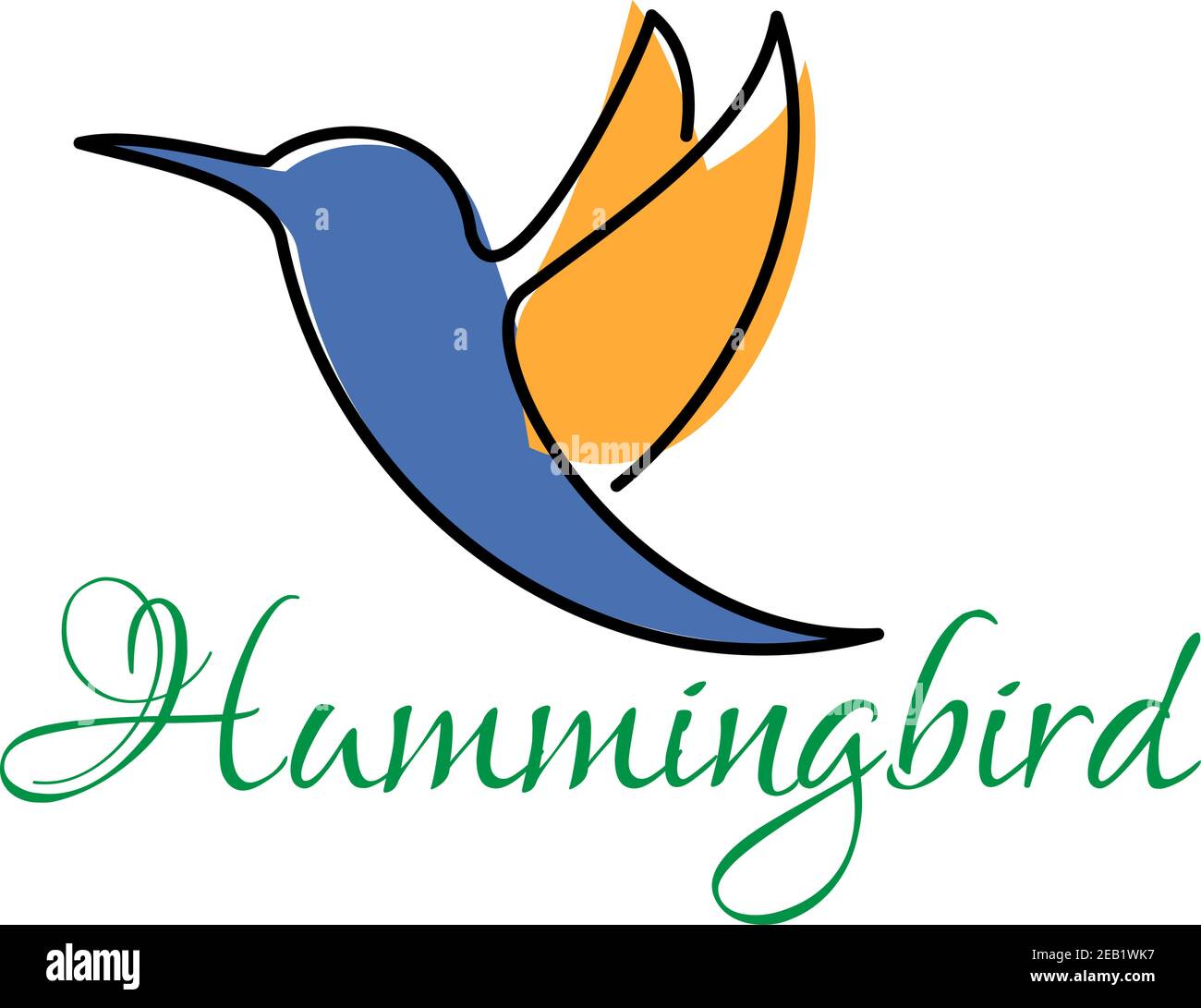 Abstract flying hummingbird doodle sketch in flowing lines of blue and ...