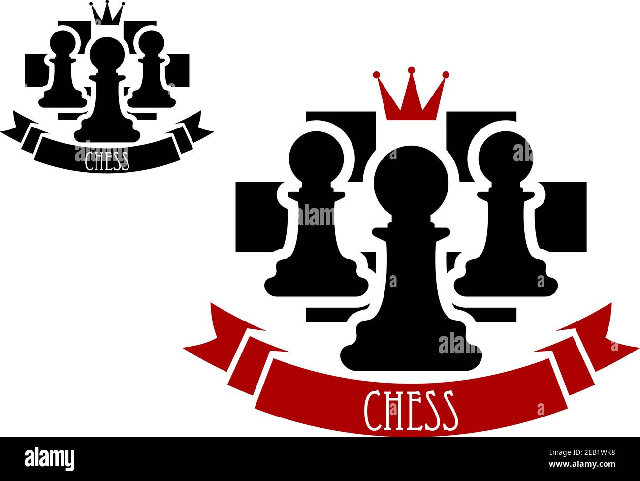 Black chess pawns on chessboard with red crown and ribbon banner with ...