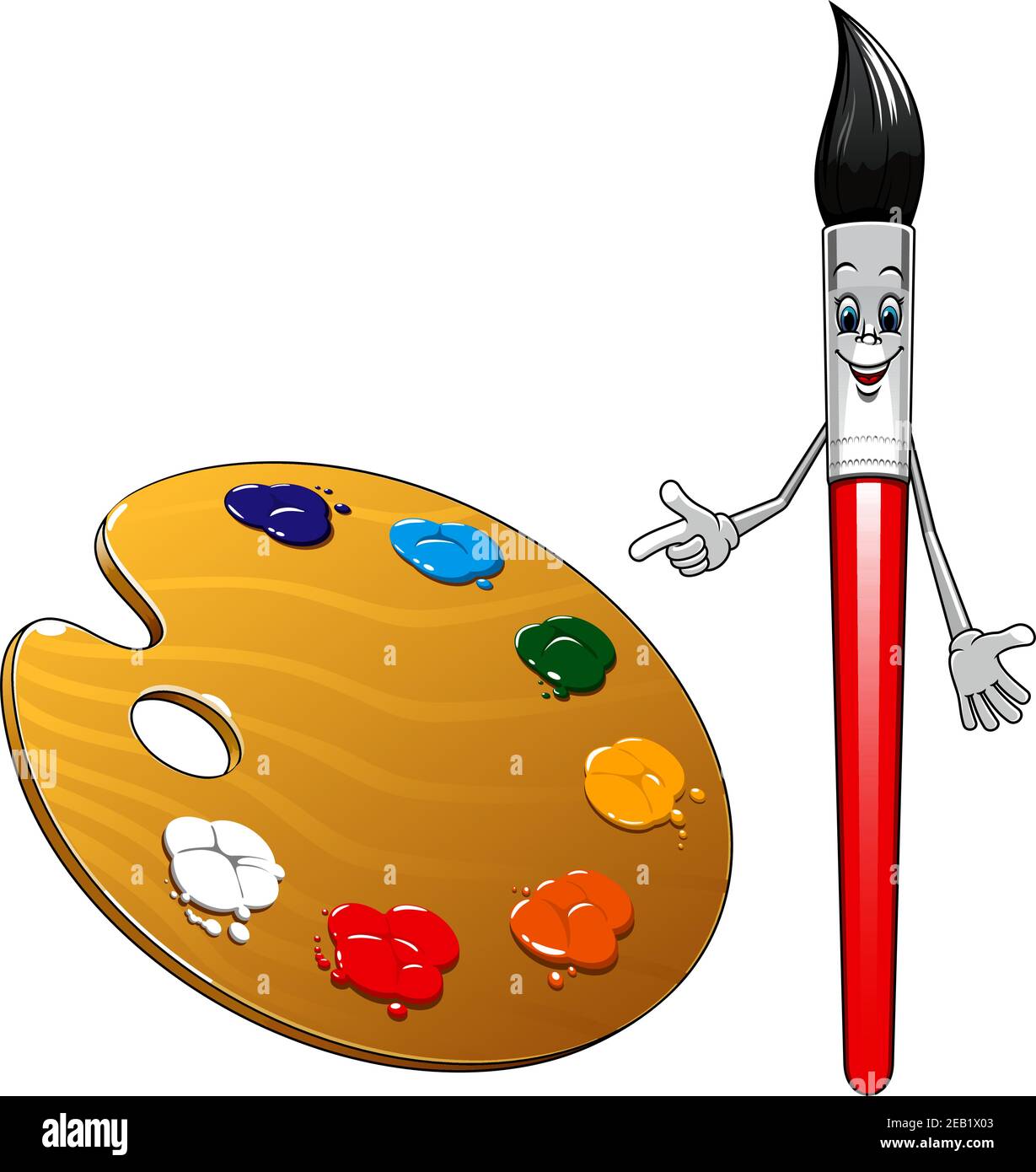 Cartoon cute smiling paint brush character with red handle and wooden ...