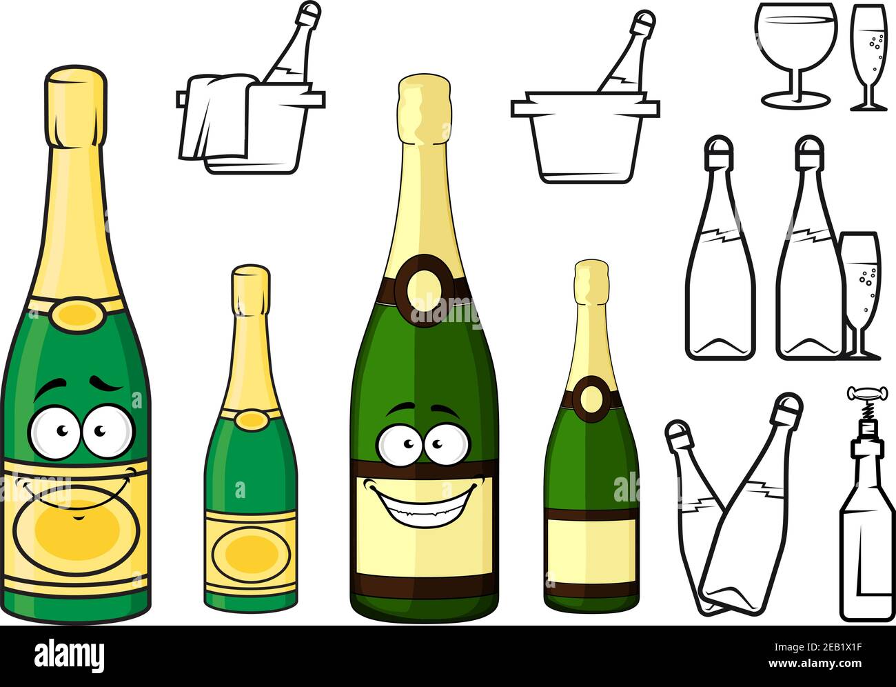Cartoon champagne bottles characters with golden luxury labels and ...