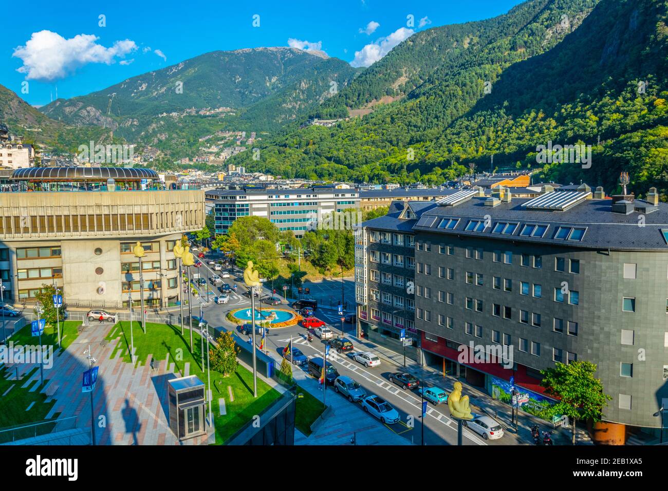 ANDORRA LA VELLA, ANDORRA, SEPTEMBER 29, 2017: Aerial view of square of seven poets at Andorra ...