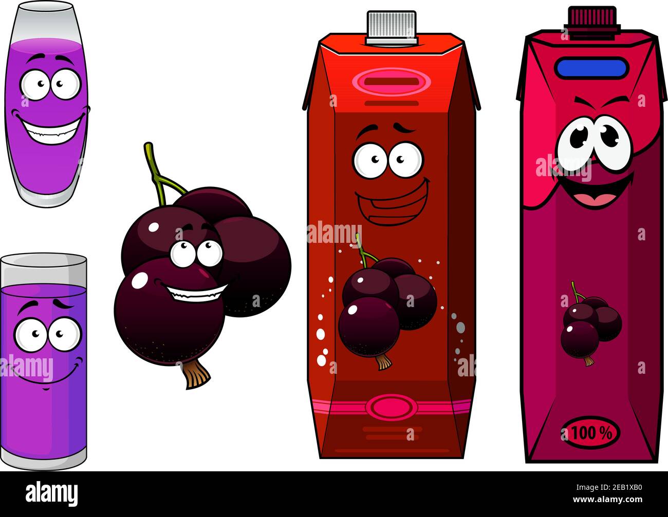 Happy cartoon currant fruit and juice drinks in containers with happy ...