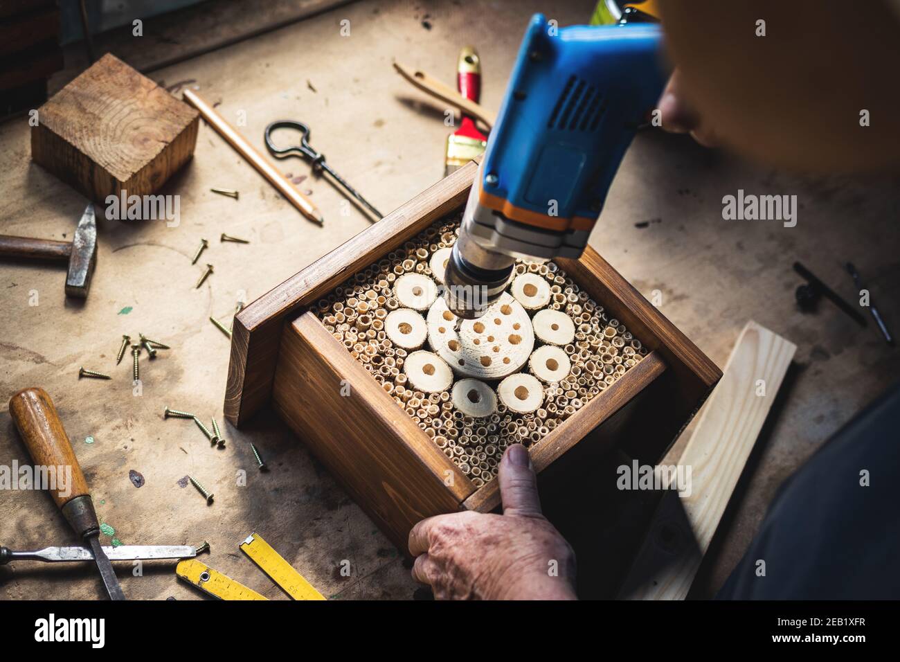 Craftsperson making wooden insect hotel. Carpenter using drill in ...