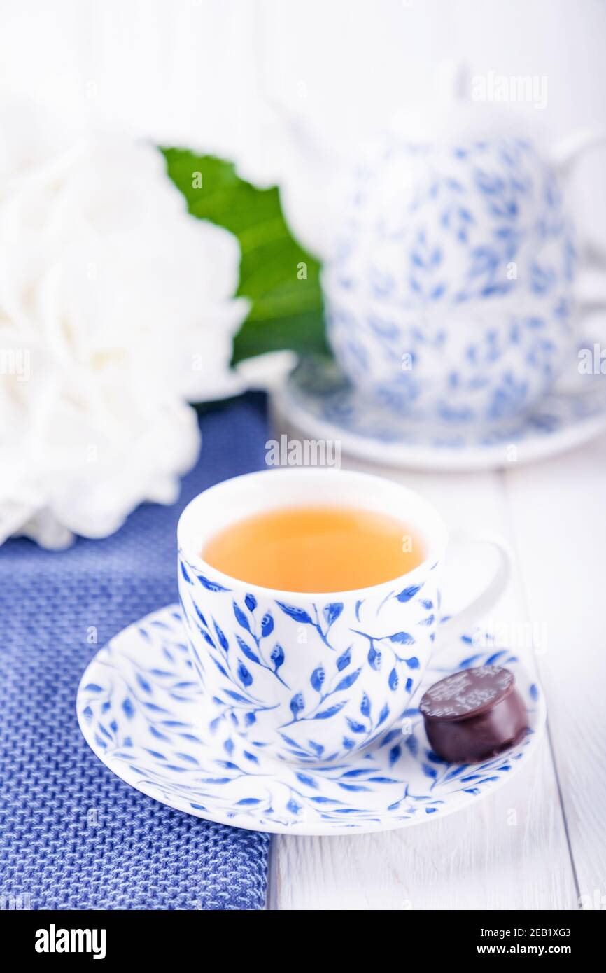 Cup of green tea and white hydrangea, beautiful porcelain set Stock ...