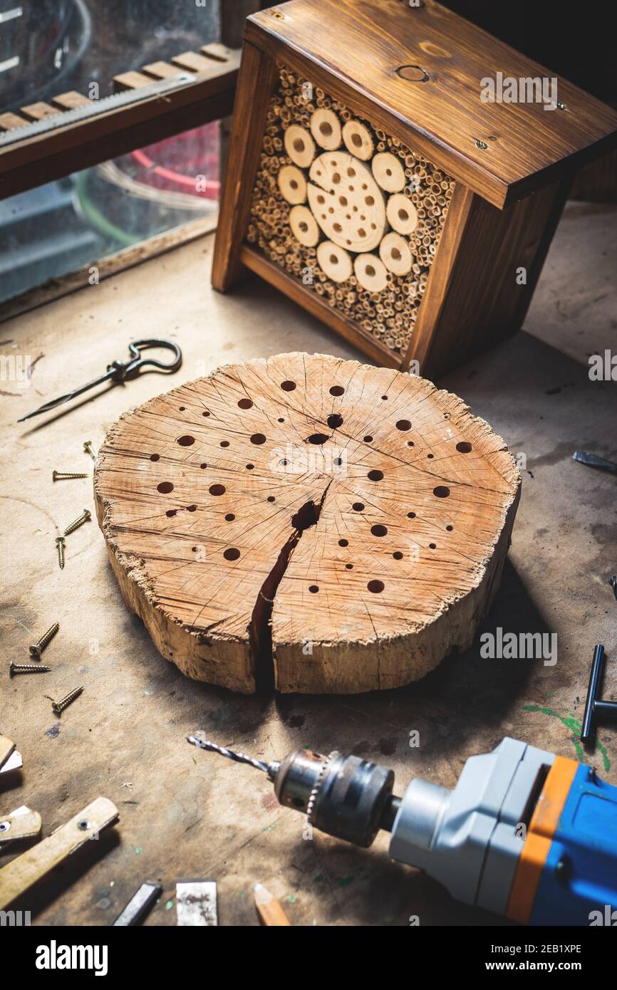 Making insect hotel or house in workshop. Wooden homemade craft product ...
