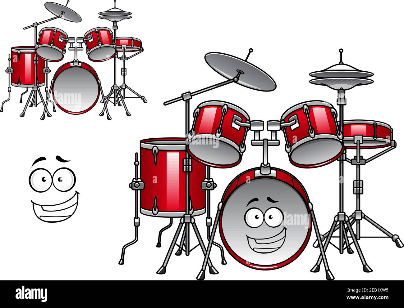 Cartoon red drum set character with shiny cymbals and happy smiling ...
