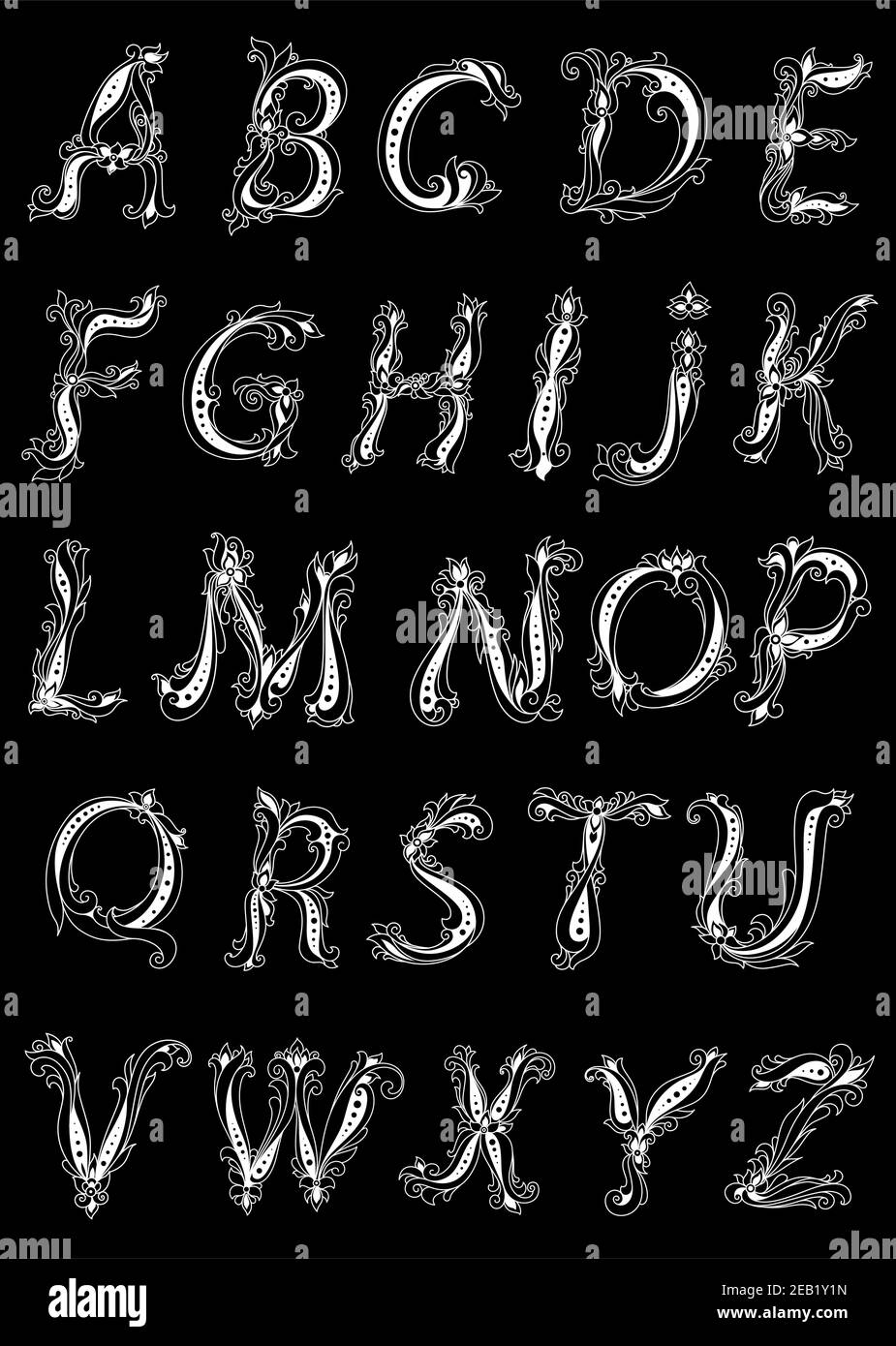 Floral uppercase letters alphabet in vintage outline style with flower ...