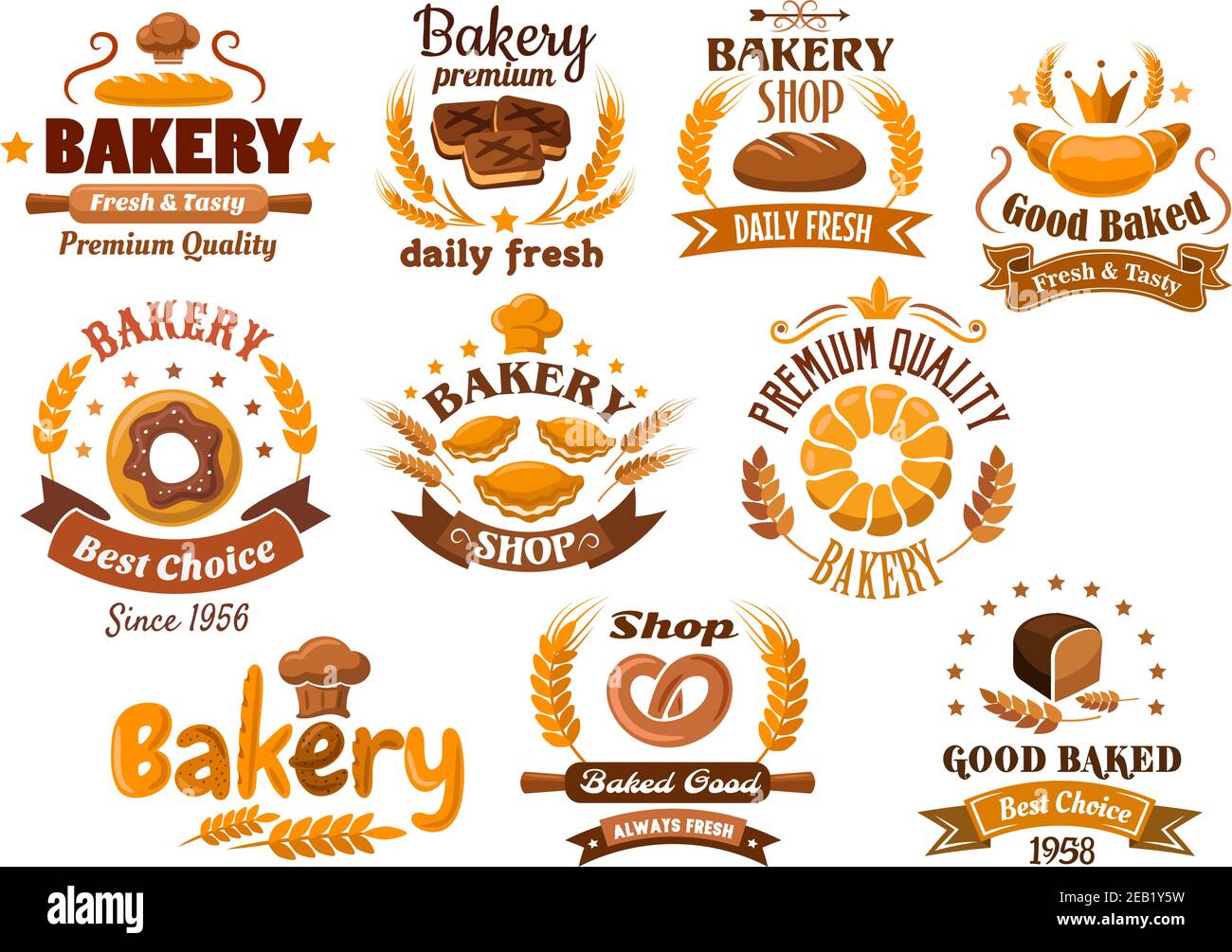 Bakery shop emblem designs depicting different kinds of fresh bakery ...