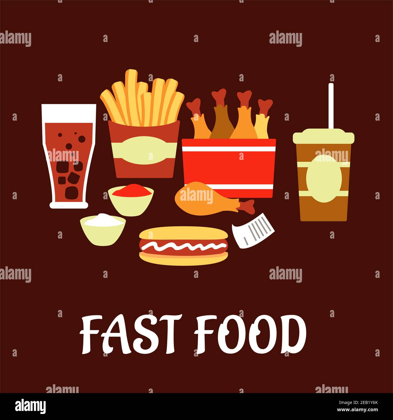 Fast food snacks and drinks set in flat style with takeaway french ...