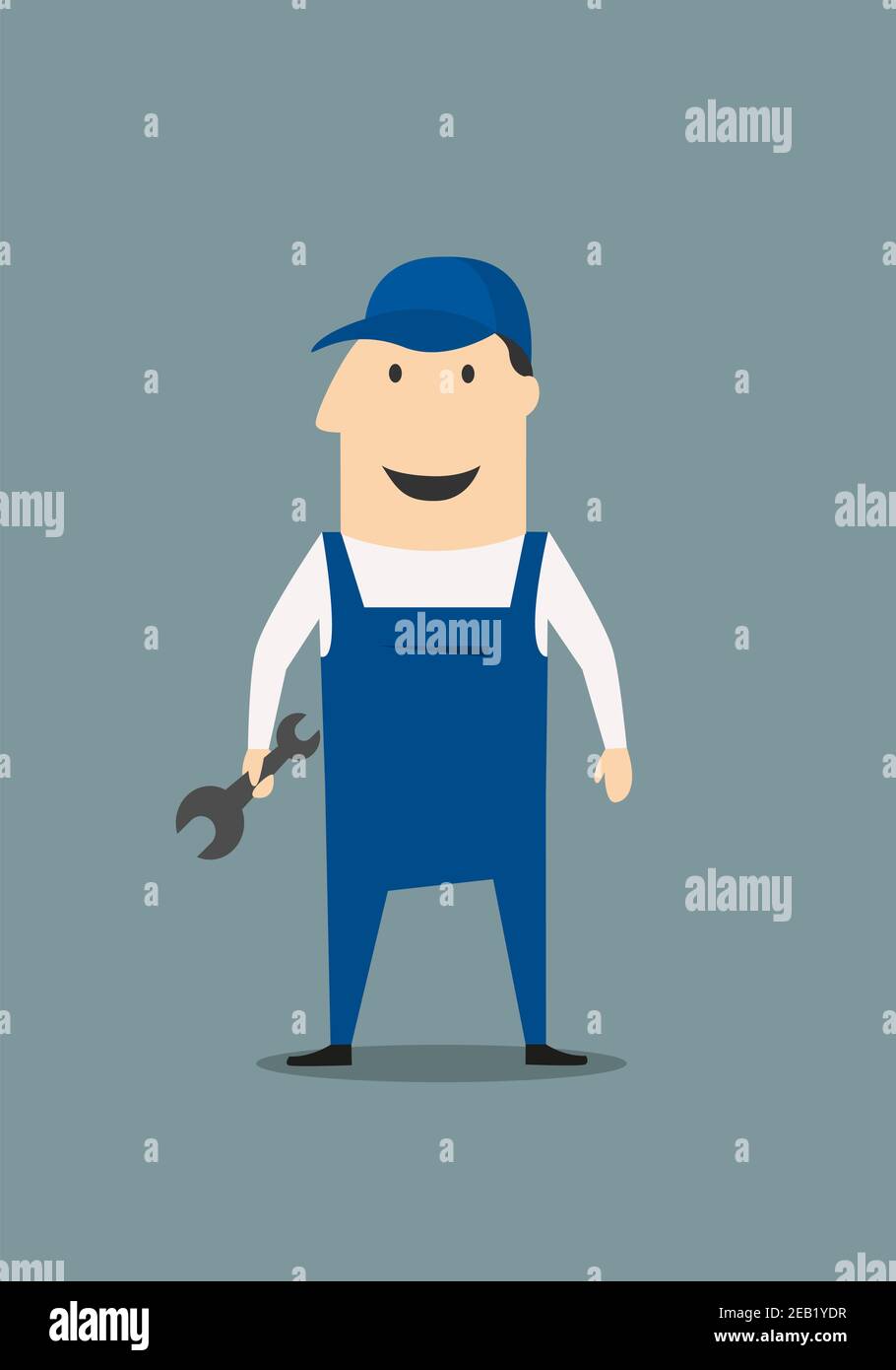 Cartoon mechanic or handy man holding a spanner or wrench standing in ...