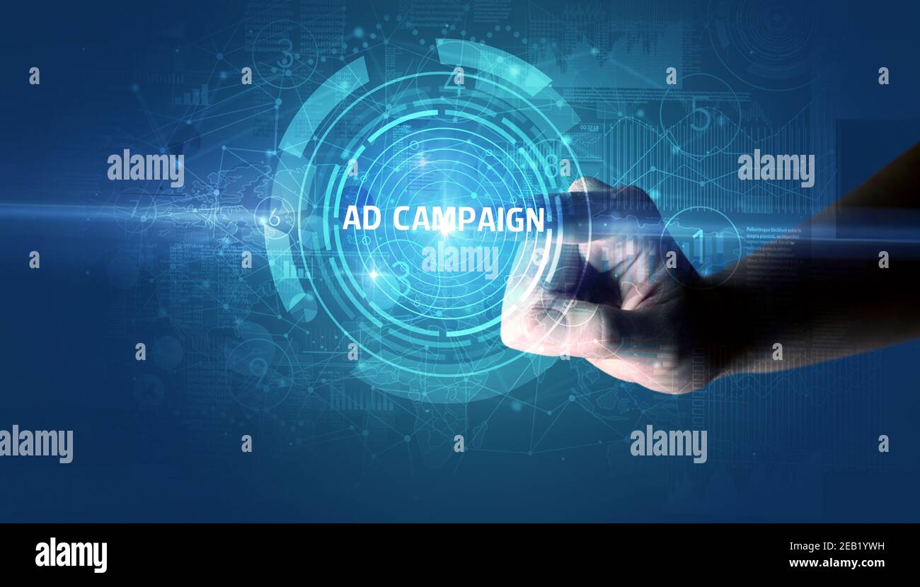 Hand touching AD CAMPAIGN button, modern business technology concept ...