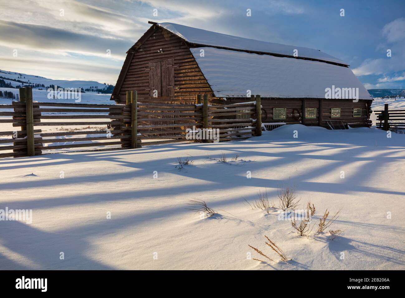 Yellowstone National Park, WY: Shadows of corral fence line in ...