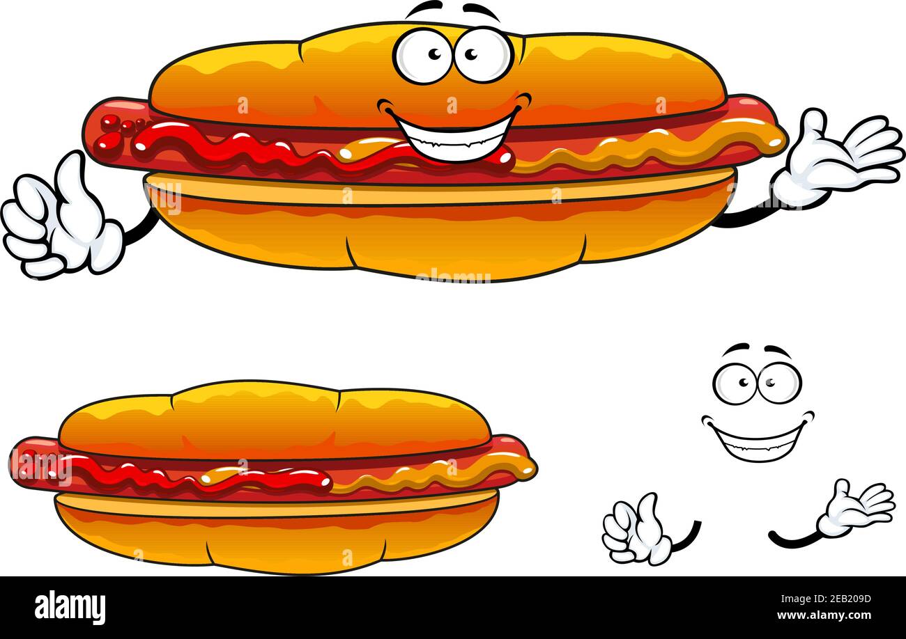 Joyful homemade hot dog cartoon character with grilled sausage, mustard ...