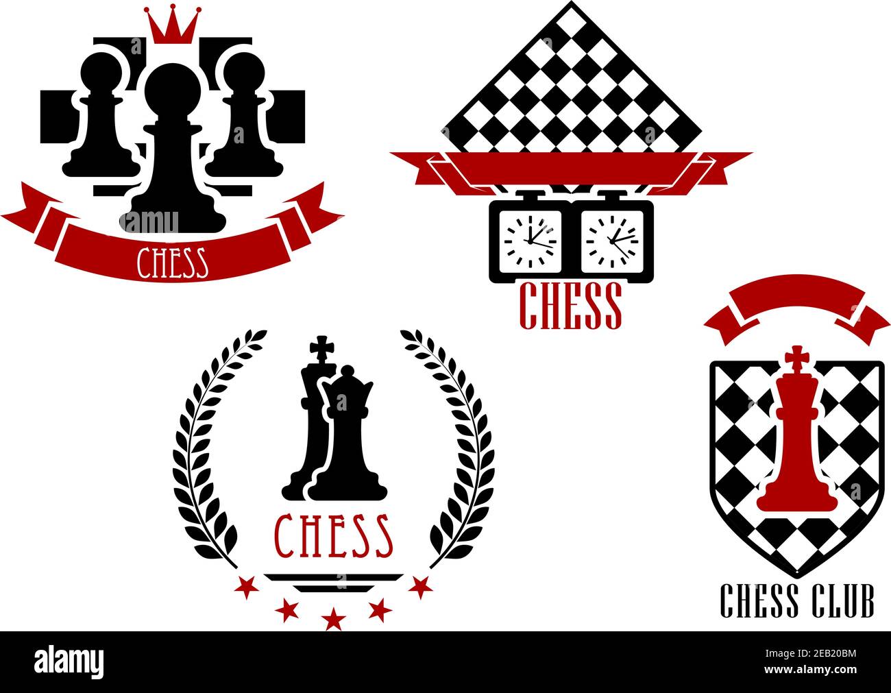 Chess game sports logos and emblems set isolated on white with red and ...