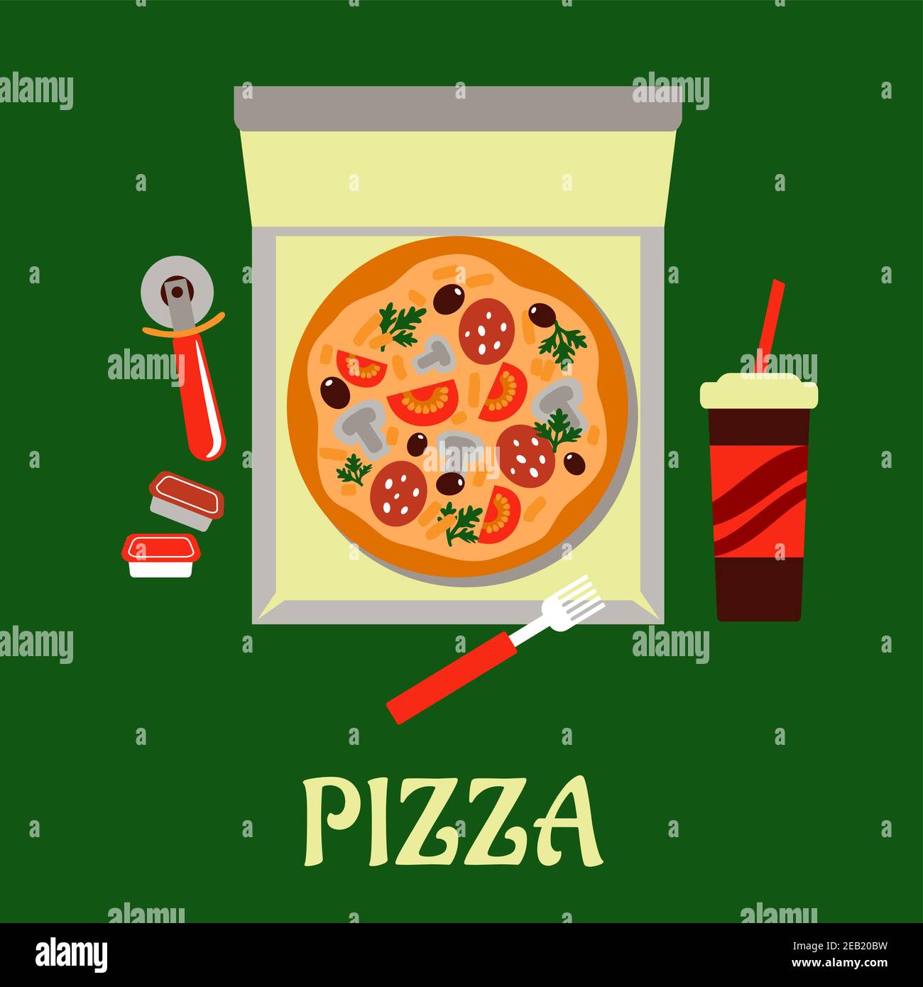 Takeaway pizza with an overhead view of a pizza in a fast food box ...