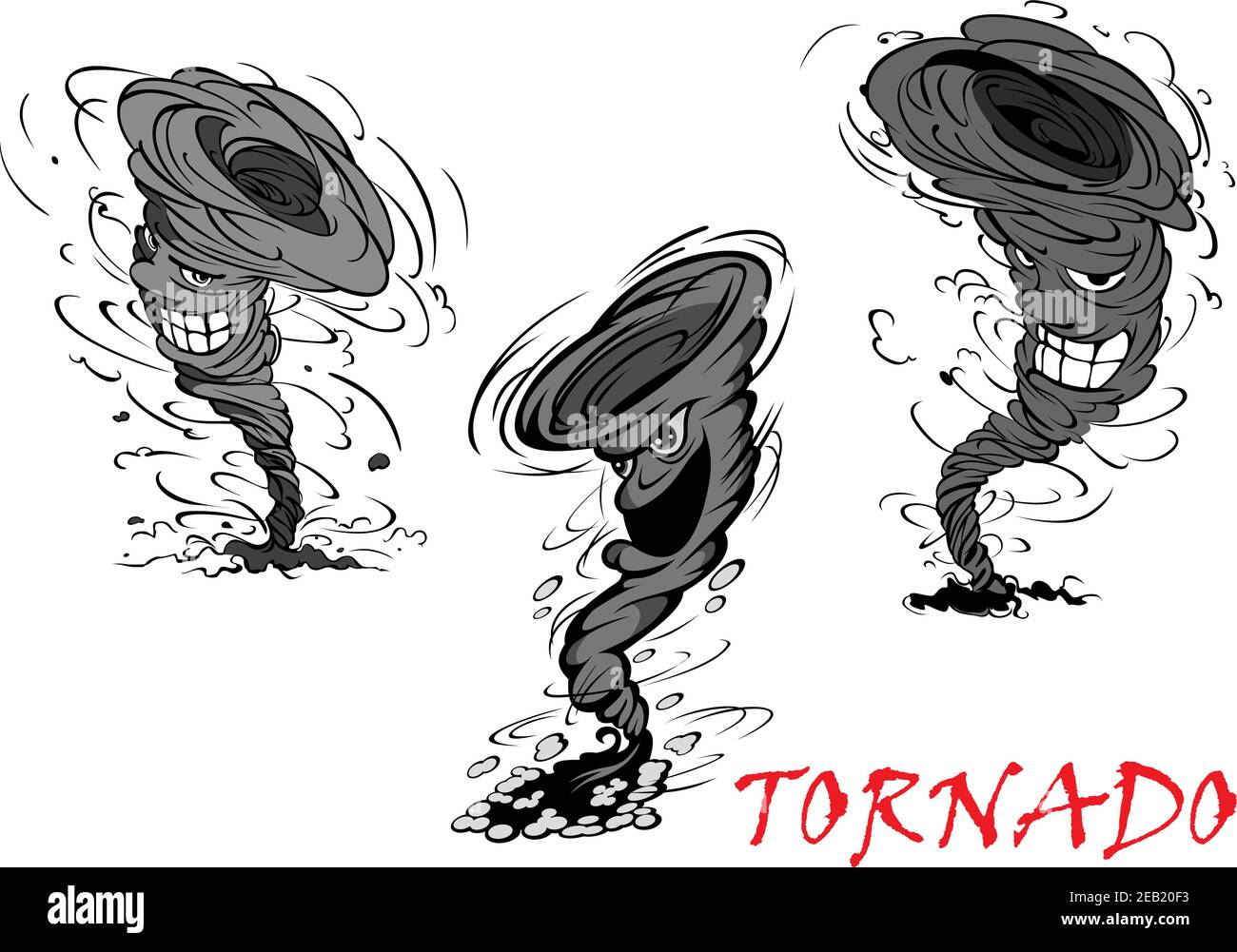 Nasty grey cartoon tornado, hurricane and thunderstorm characters with ...