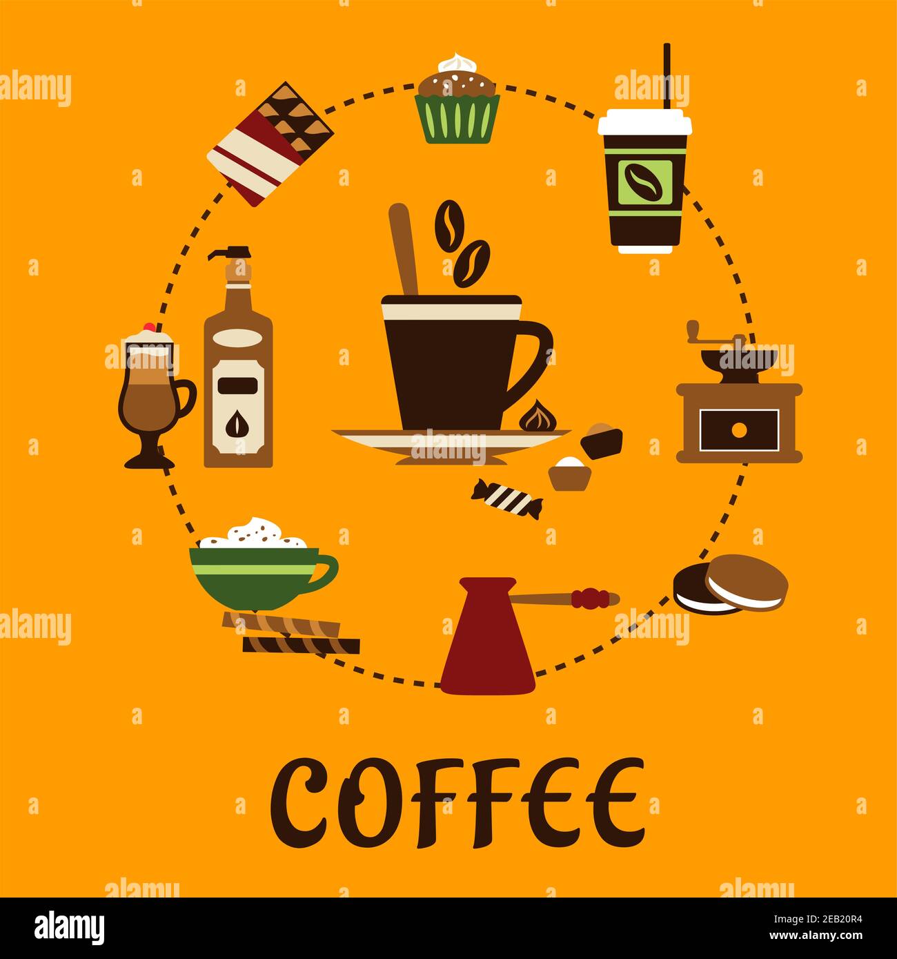 Coffee flat infographic icons showing cup of coffee on saucer with ...