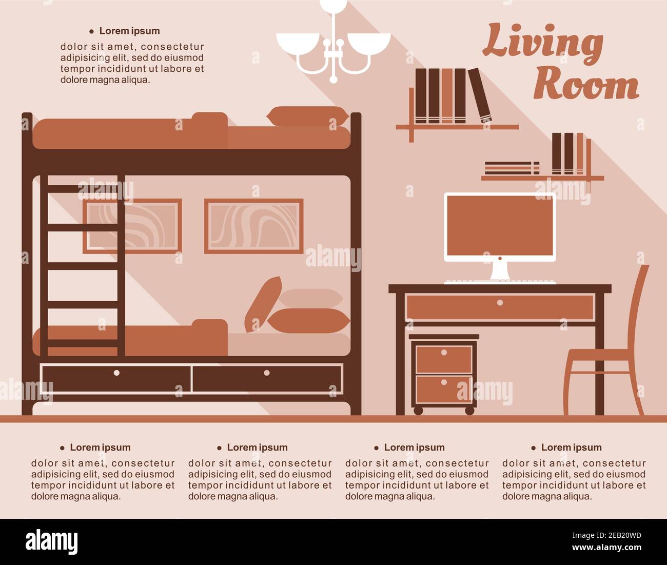 Living room interior decor infographic template with a bunk bed and ...