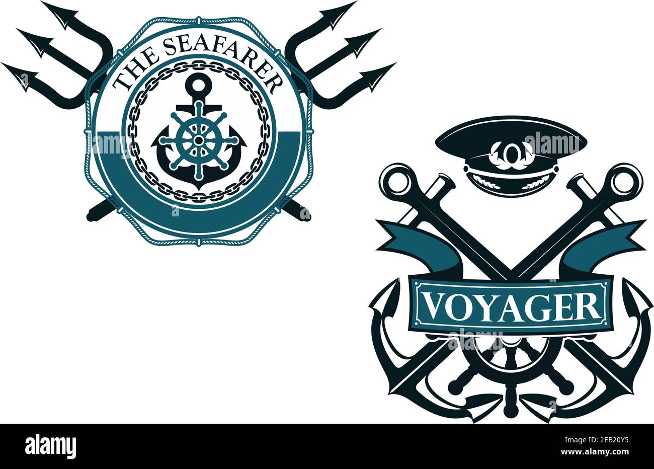 Retro Voyager and The Seafarer nautical badges or emblems depicting ...