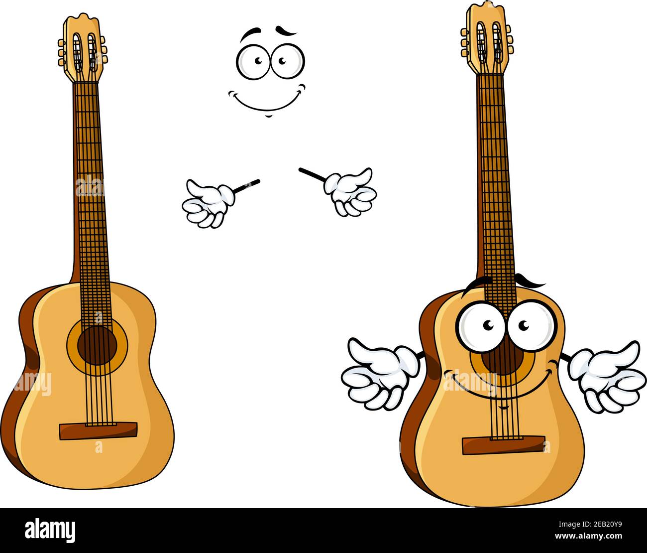 Happy cartoon wooden acoustic guitar character with googly eyes, a ...