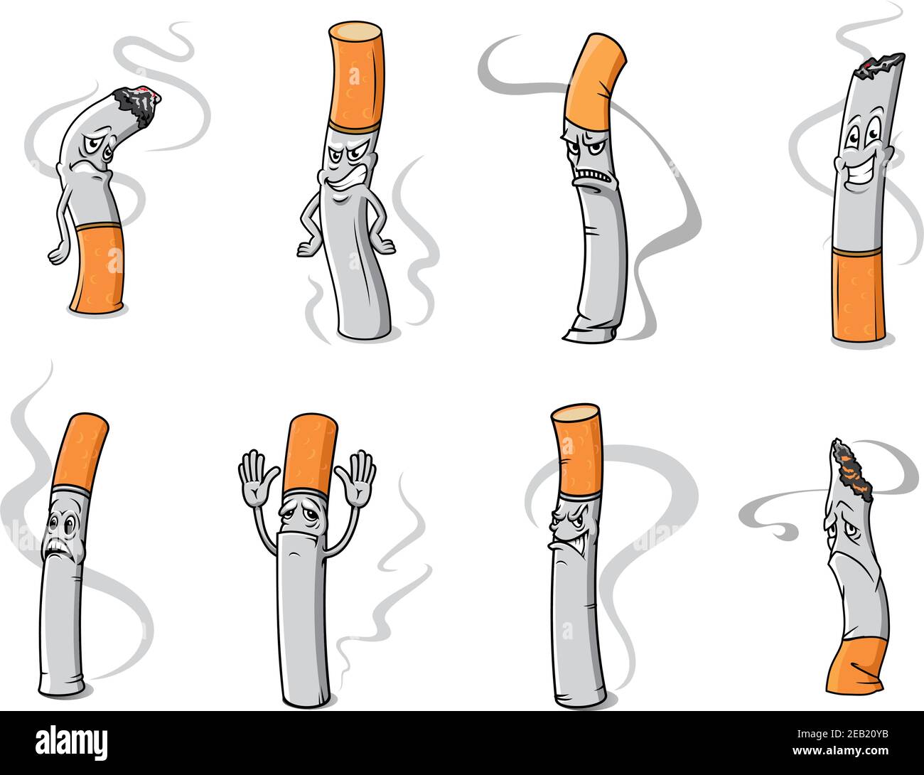 Cartoon smoldering cigarette characters with unhappy, angry and sad ...