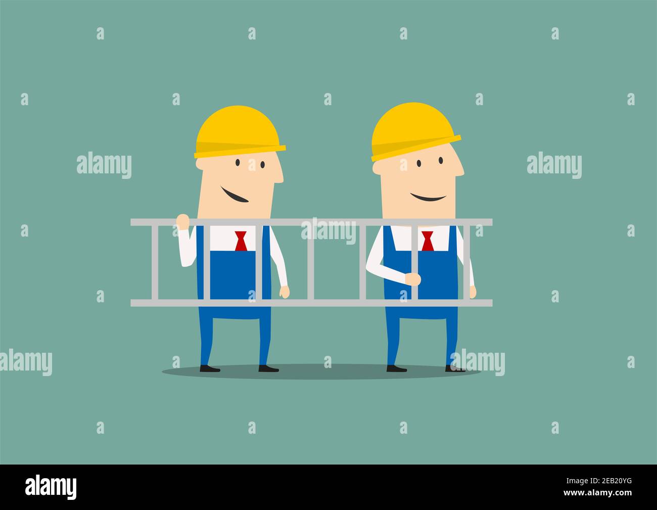 Smiling engineers in blue overallses carrying ladder, for industrial ...