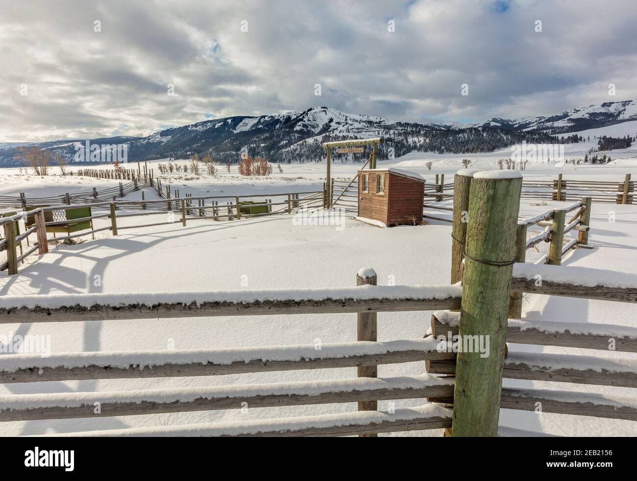 Yellowstone National Park, WY: Corral fence line and wood shed at the ...