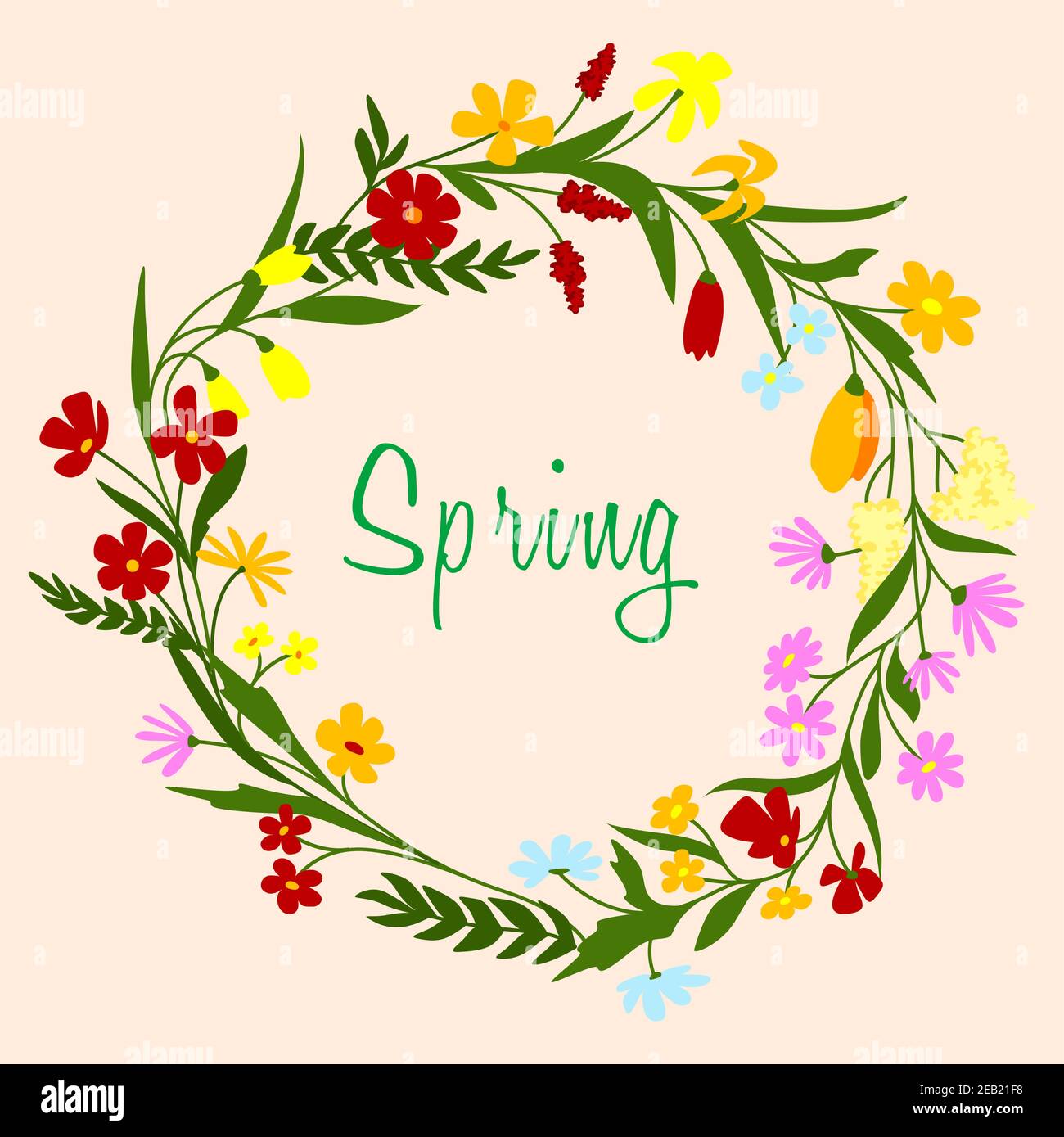 Bright colorful circular spring floral border or frame with pretty ...