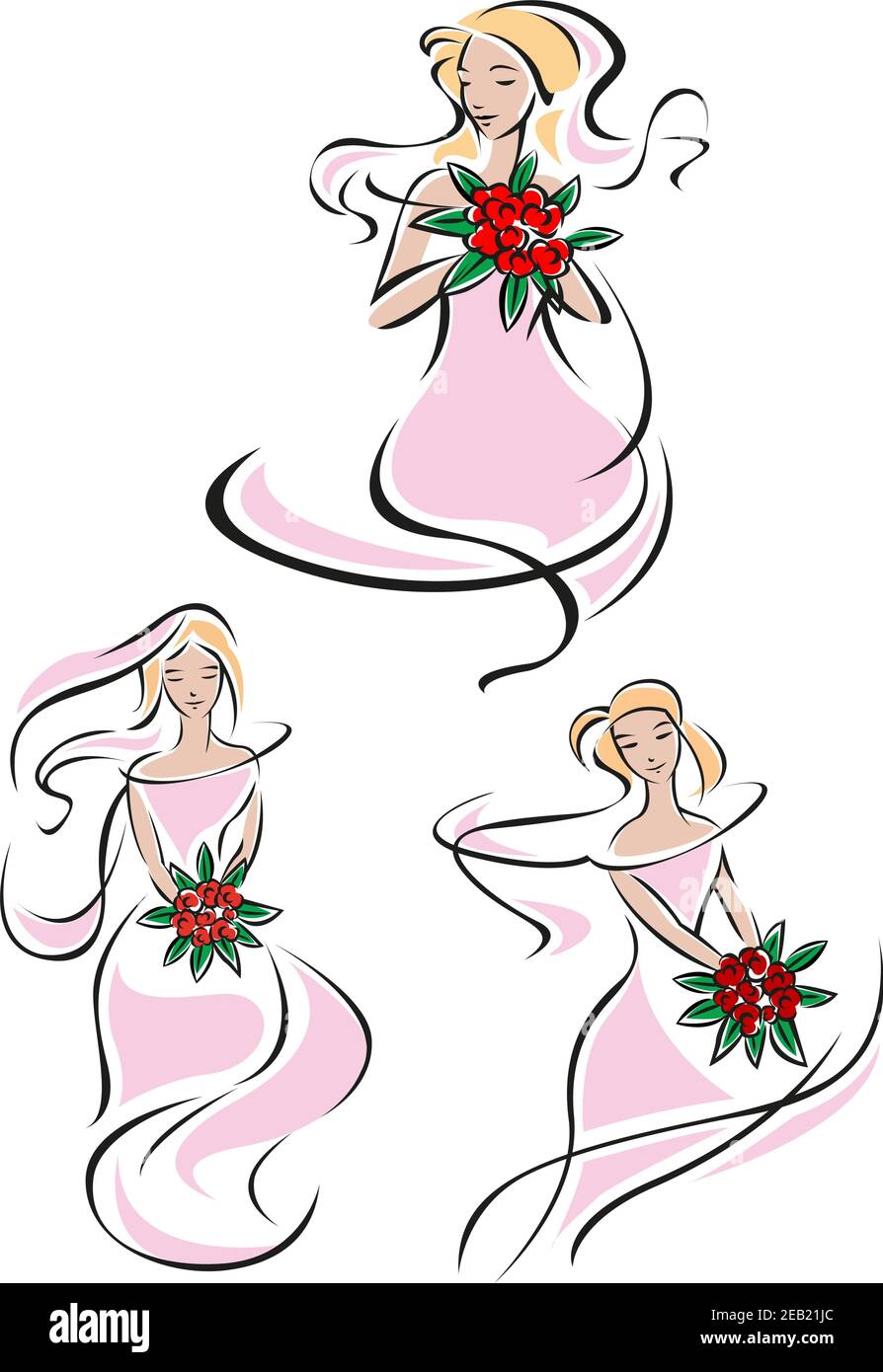 Pretty pink feminine doodle sketches of a bride holding a bouquet of ...