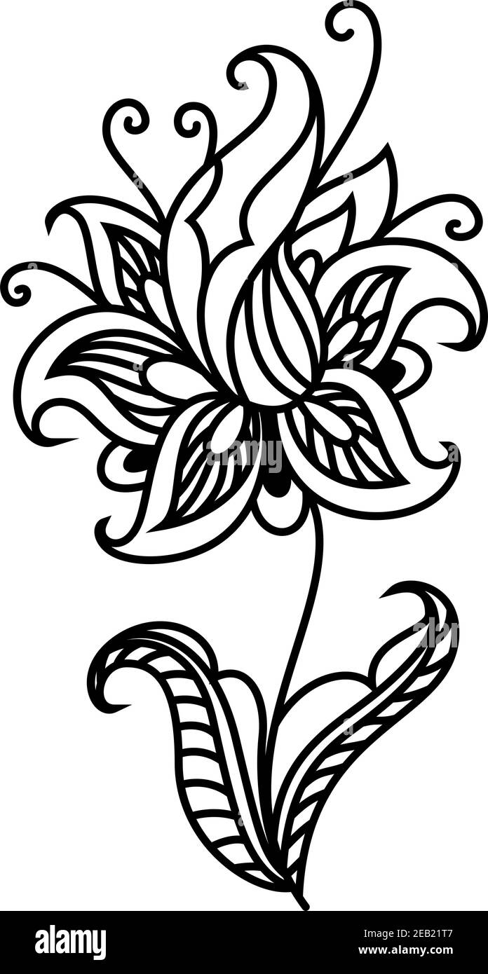 Dainty outline black floral motif isolated on white background for ...
