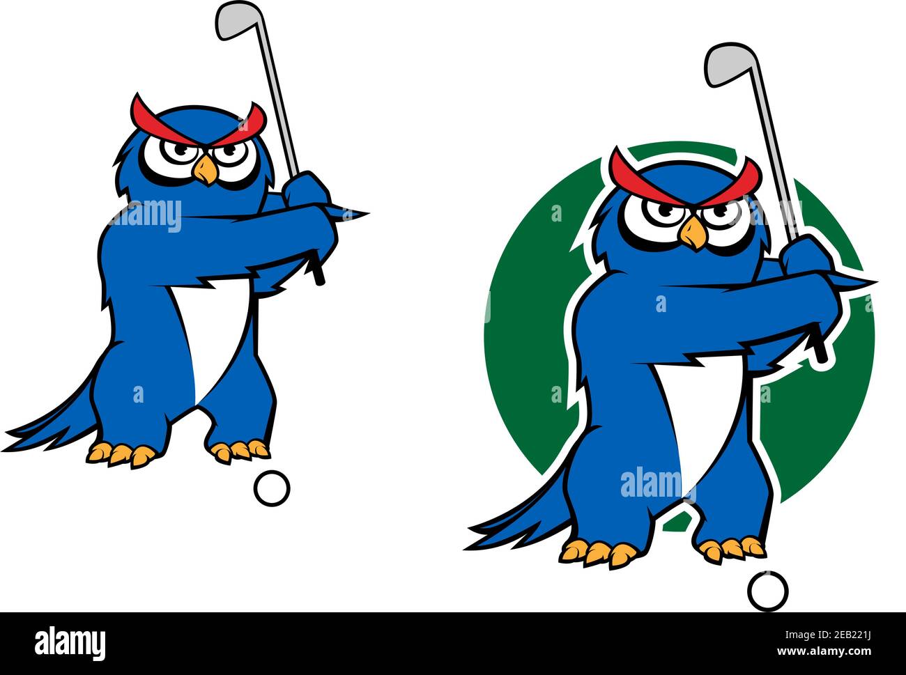 Cartoon owl playing golf with two variations, one with green grass ...