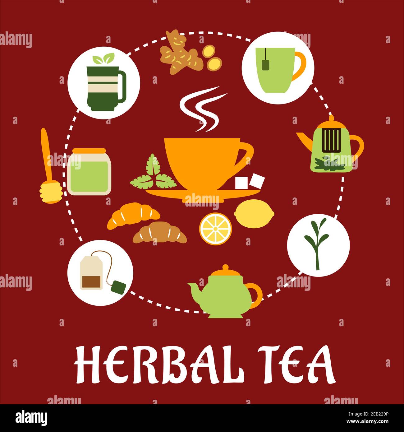Herbal tea flat infographic showing cup of hot tea on saucer with mint ...