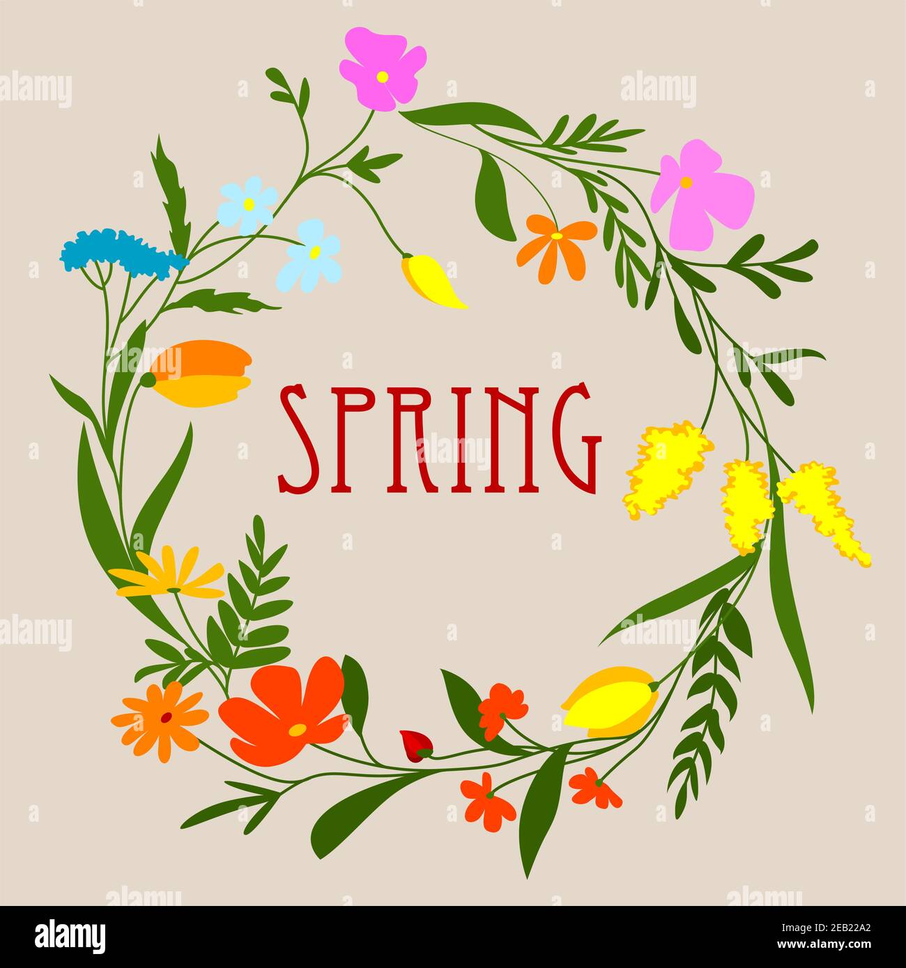 Circular spring floral wreath or frame with colorful silhouettes of ...