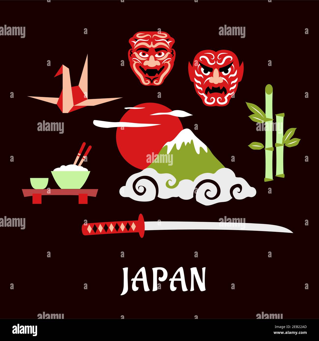 Travel Japan flat concept depicting Fujiyama mountain in clouds and big ...