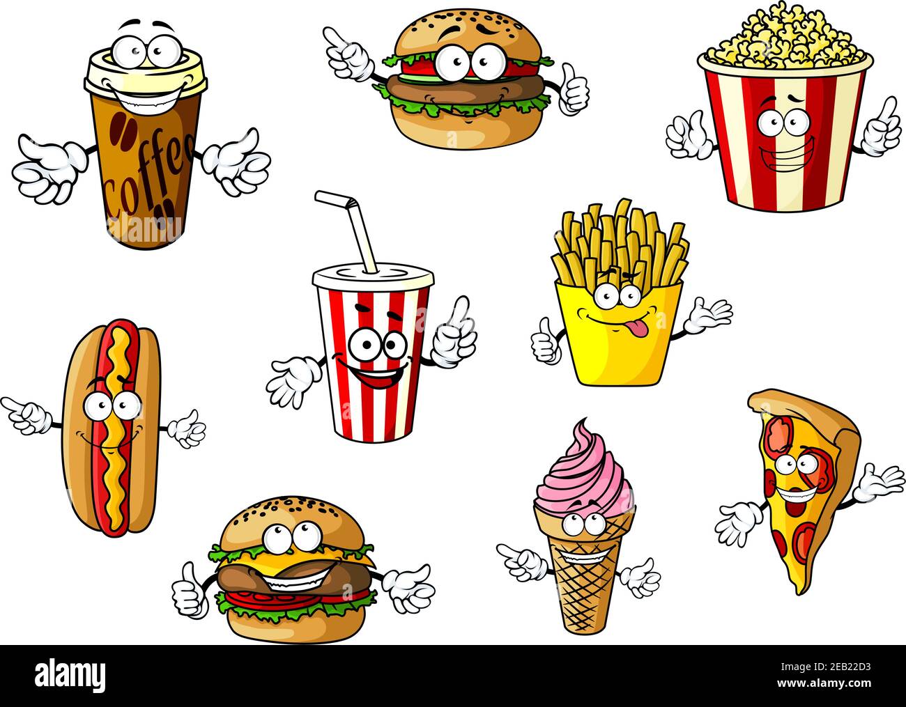 Colorful cartoon fast food and takeaways characters with hot dog ...
