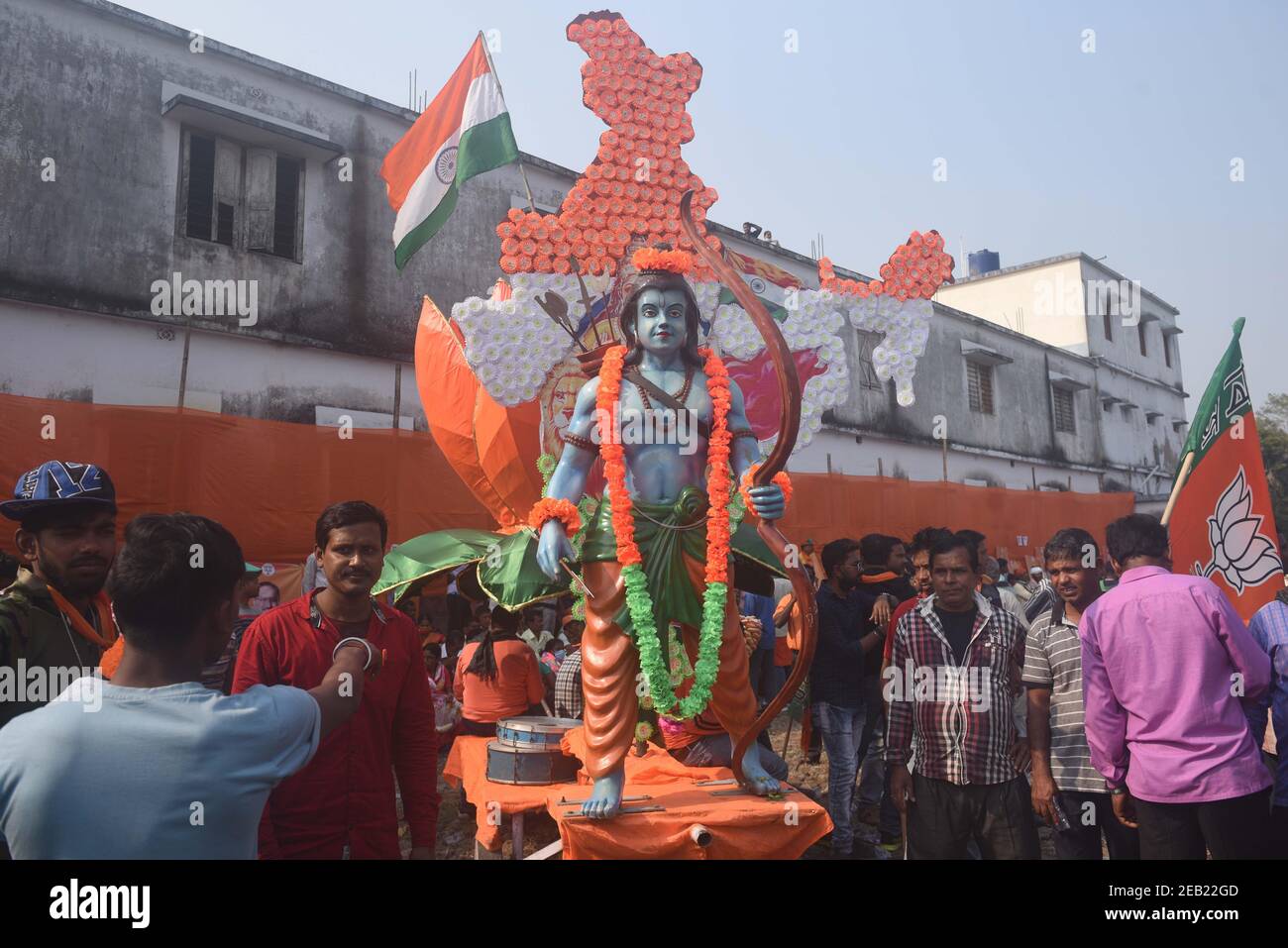 THAKURNAGAR, INDIA - FEBRUARY 11: A tableau with India map and Hindu ...