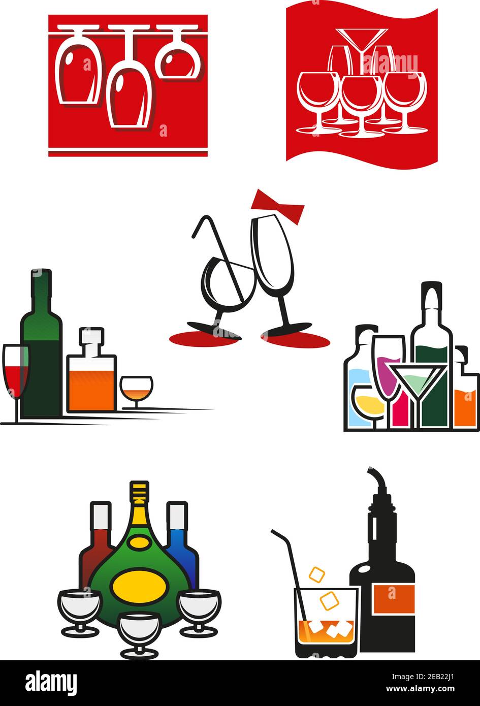 Glasses, wineglasses and alcohol icons or symbols for cafe, bar or ...