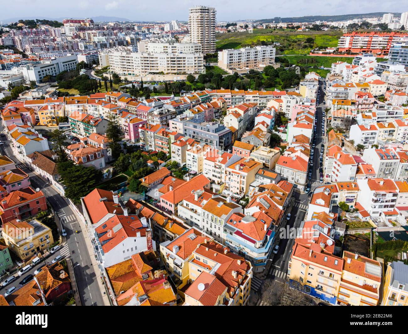 Aerial view of Alges residential district in southern Lisbon along ...