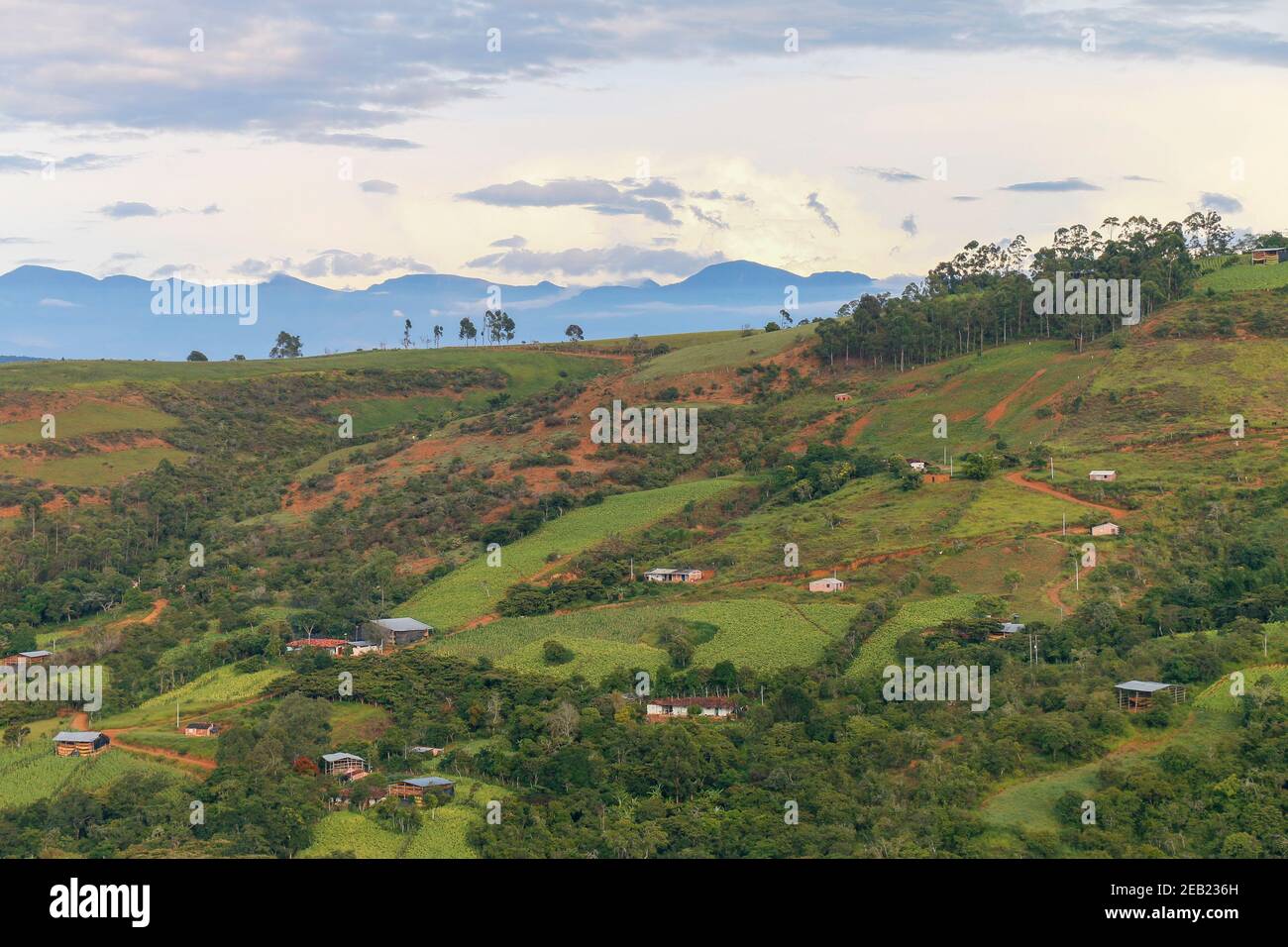 Colombian green countryside on hill with cloudy sky and green farming ...