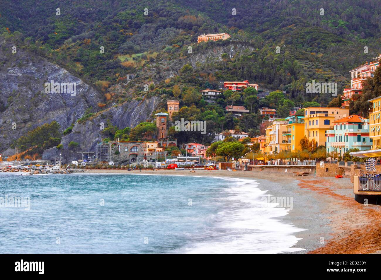 Monterosso al mare coast with mediterranean sea in close up and ...