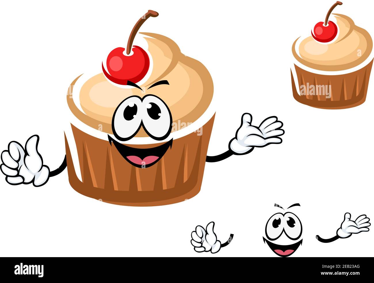Funny cartoon brown cupcake with red cherry, happy face and little ...