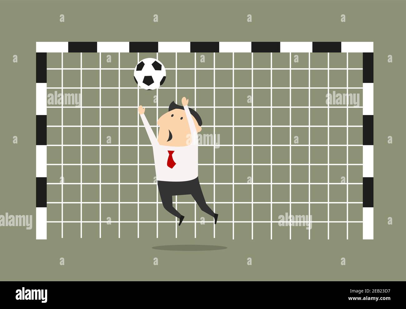 Businessman soccer goalkeeper jumping with raised hands in the front of ...