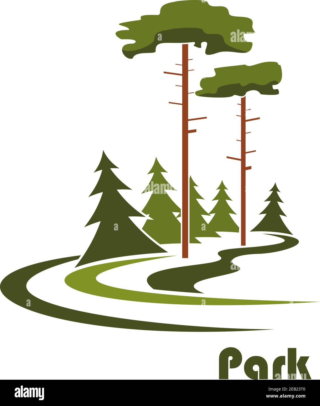Park logo or icon with green pines ans spruces trees, meadow and text ...